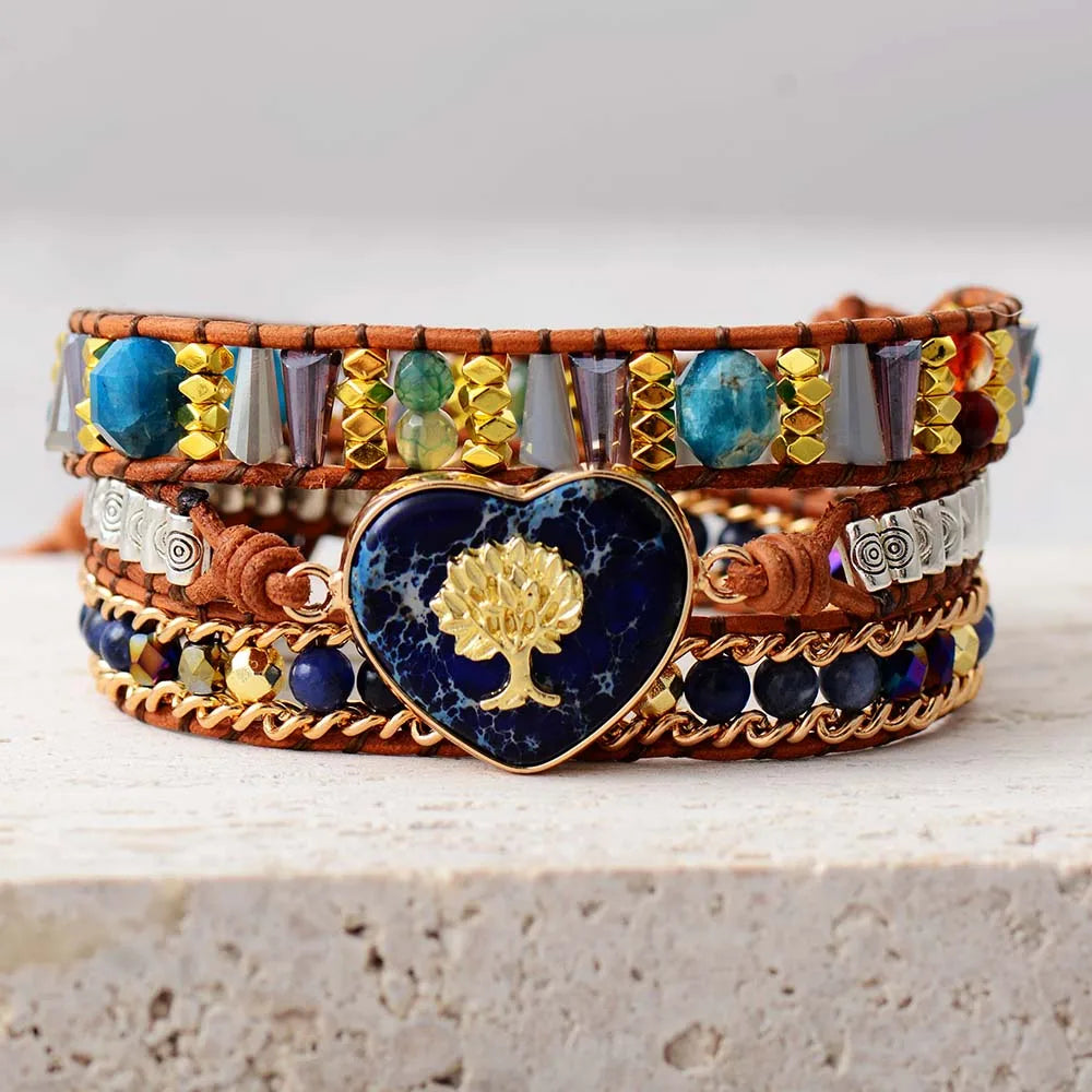 Natural Blue Jasper & Apatite Tree of Life Wrap Bracelet – Buddha's Flowers